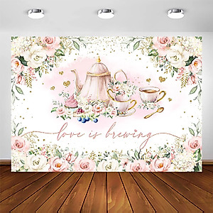 Avezano Love is Brewing Backdrop Wedding Bridal Shower Party Decorations Valentine's Tea Party Theme Photo Background Cake Table Banner (8x6ft)