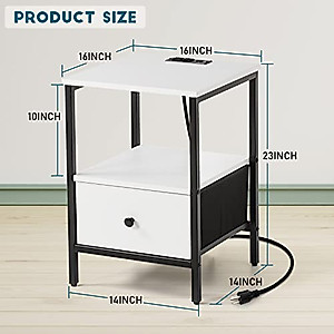 Homajor Nightstand with Charging Station,Side Table with Storage,end Tables Living Room,Bedside Table with Fabric Drawers,End Tables with USB Ports for Bedroom，Small Spaces,White