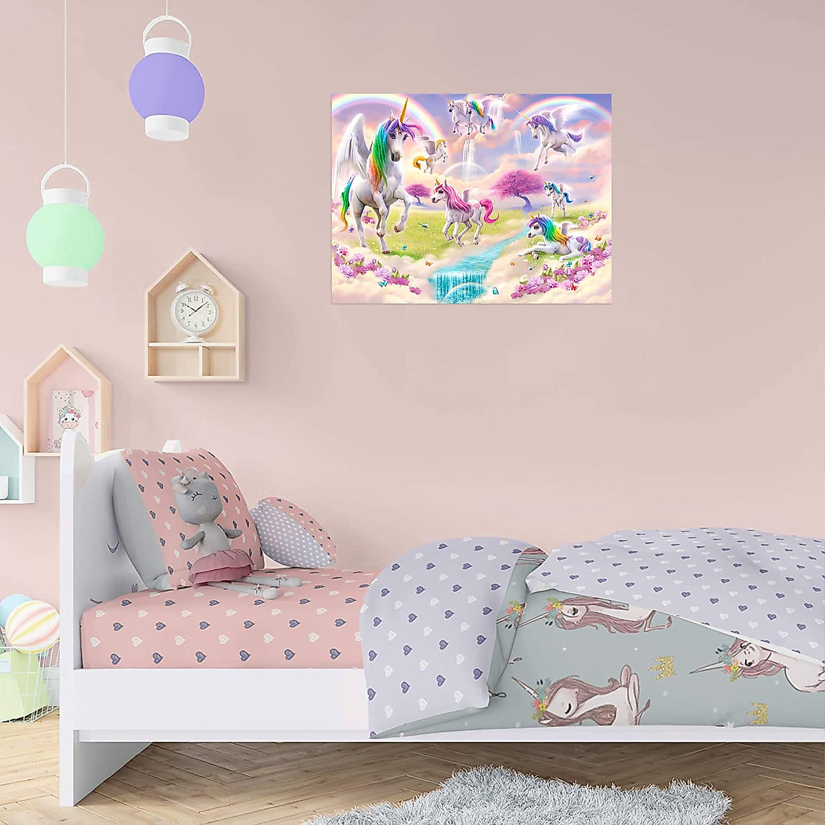 Unicorn Rainbow Wall Art Unicorn Decor for Girls Bedroom Pink Unicorn Painting for Kids Baby Nursery Cute Cartoon Unicorn Canvas Print Framed Artwork Birthday Gifts for Daughter Ready to Hang 16"x12"