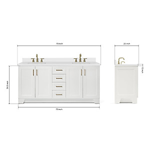 ARIEL 73" White Double Vanity, 1.5" Edge Pure White Quartz Countertop & Splash, Rectangular Sink, 4 Soft Closing Doors, 6 Full Extension Dovetail Drawers, Toe Kick, Satin Brass