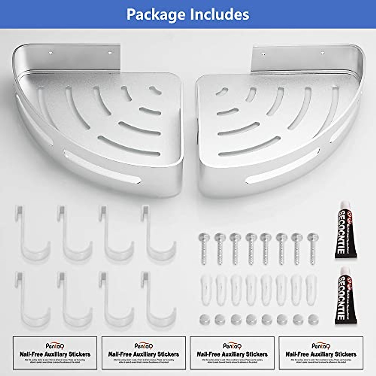 pentaQ 2 Pack Corner Shower Shelves with 8 Removable Hooks, No Drilling Adhesive Wall Mounted Aluminum Bathroom Shelf, Corner Shower Caddy Shelf Basket Shampoo Holder Organizer
