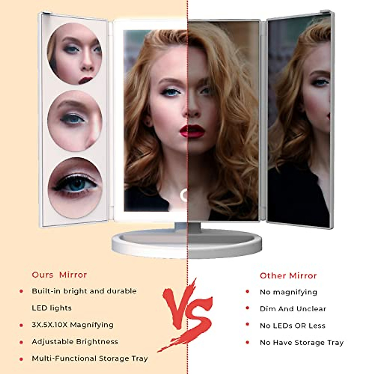 ZL ZELing LED Makeup Mirror with Lights, Trifold Vanity Mirror with 3X/5X/10X Magnification, Smart Touch Control, Dual Power Supply, Portable Cosmetic Mirror,Gift for Women