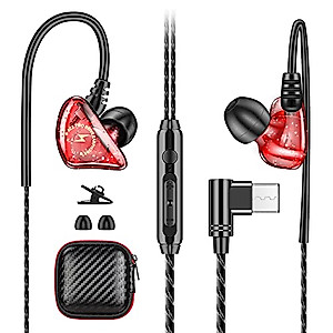 HoneyAKE USB Type C Headphone Earbuds Earphones with Microphone (Mic) in-Ear Wired Volume Control for Samsung Galaxy S8 Google Pixel 2 XL OnePlus 5 5T 3T, Over Ear Buds for Kids Women Small Ears Red