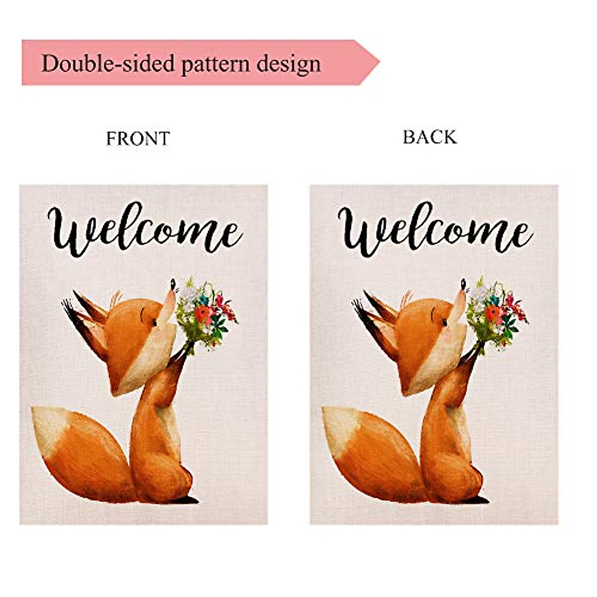Welcome Garden Flag Cute Little Fox with Floral Bouqet Double Sided Decorative Small Yard Decor Flags 12 X 18 Inch