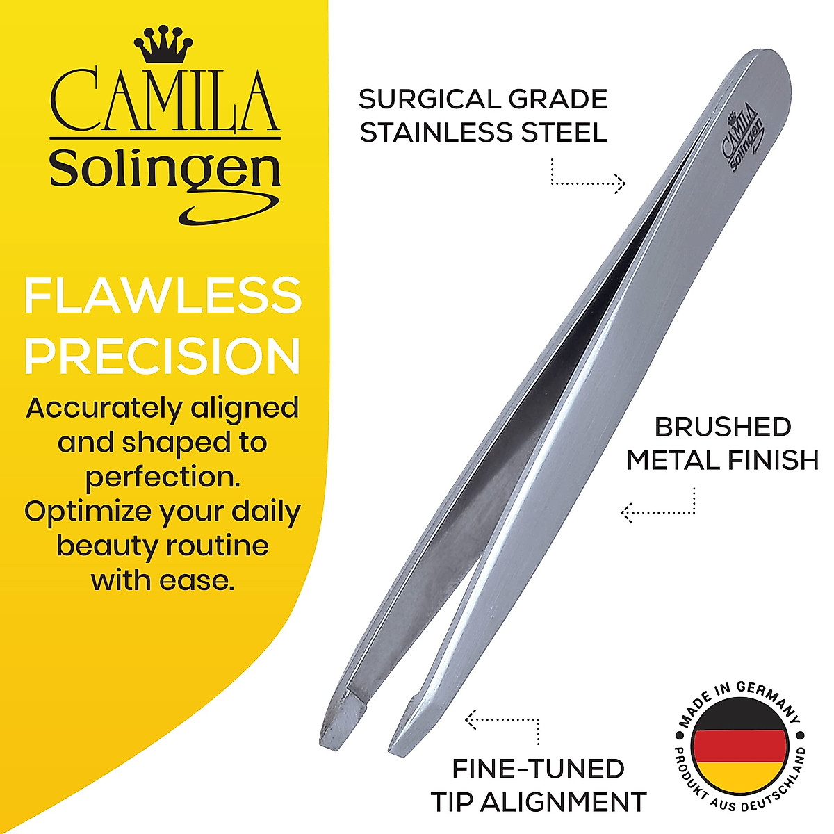 Camila Solingen CS25 4" Professional Surgical Grade Stainless Steel Precision Tip Eyebrow Tweezers for Facial Hair Shaping & Removal. Beauty Tool for Men/Women. Made in Solingen Germany (Slanted)