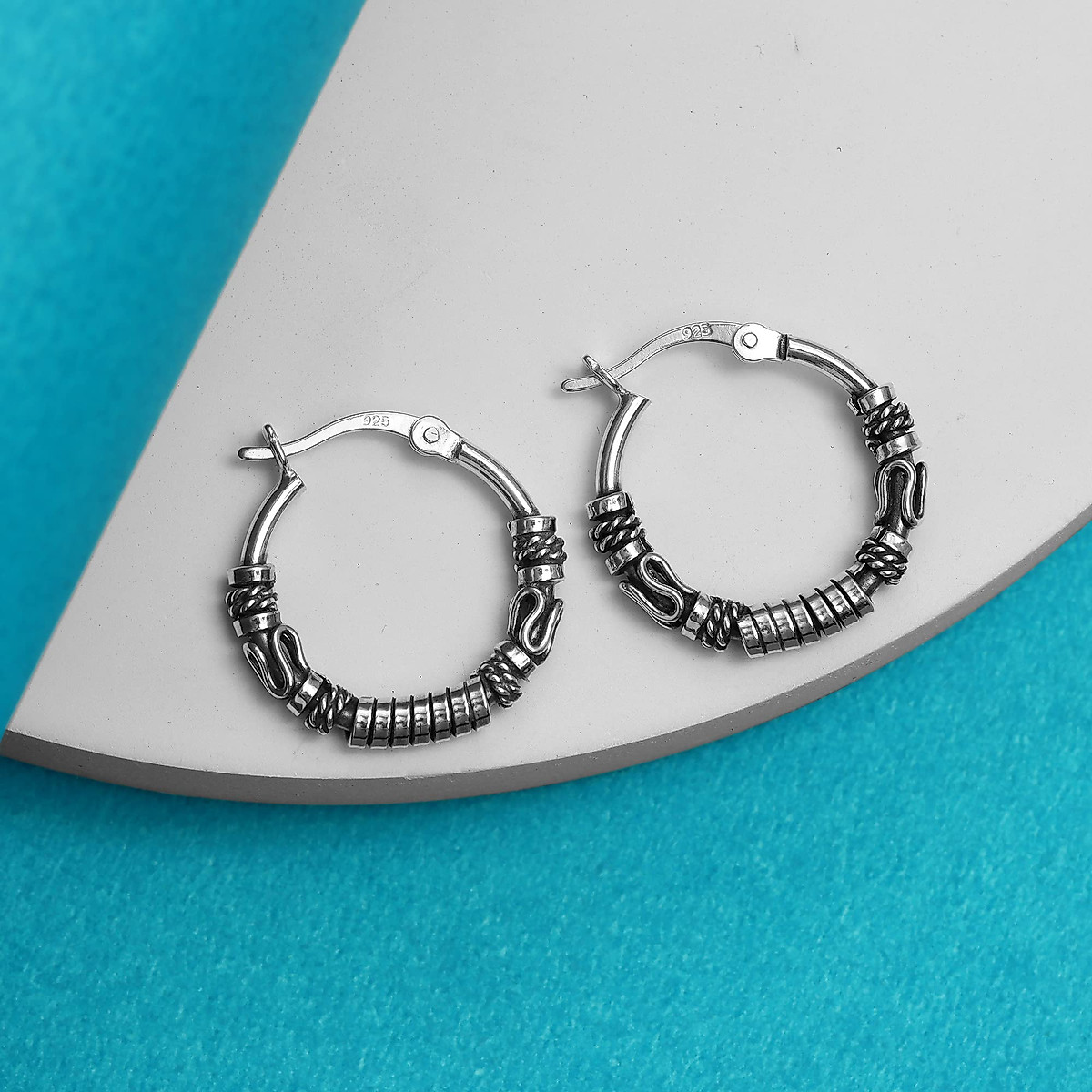 LeCalla Sterling Silver Jewelry Antique Light-Weight Tribal Hoop Earrings for Women