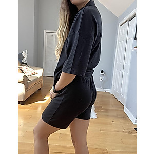 Ekouaer Pajamas 2 Piece Lounge Sets Waffle Knit Matching Outfits Oversized Shirt Loungewear Sweatsuits Summer Tracksuit Black