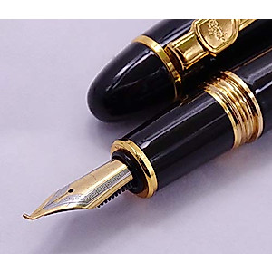 Jinhao 159 Fountain Pen, Fude Pen Bent Nib, Black Lacquer Gold Trim Big Heavy Pen with Pouch and Ink Converter