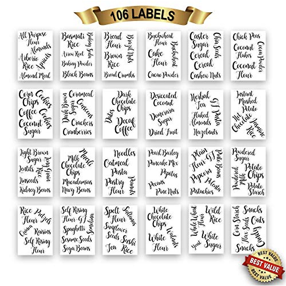 106 Pantry Labels Stickers by 7 Ruby Road for Kitchen Organization and Storage. Clear Water Resistant, Farmhouse Cursive Script for Food Canisters, Containers, Mason Jars for flour, sugar, coffee