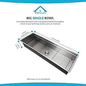 KBFmore 58 Inch Stainless Steel Undermount Workstation Kitchen Sink with Rolling Up Grid, Bottom Grid, Strainer Kit, Colander, Two Colander, and Two Bamboo Cutting Board