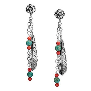 American West Jewelry Sterling Green Turquoise & Red Coral Gemstones Feather Dangle Earrings