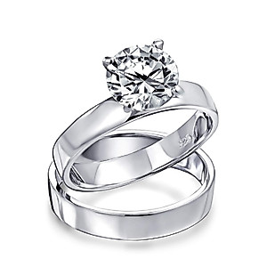 Personalize Classic Simple 2CT Cubic Zirconia Round Solitaire Wide Band AAA CZ Anniversary Engagement Wedding Ring Set For Women .925 Sterling Silver Custom Engraved