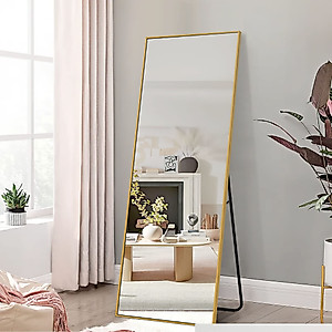 NeuType Full Length Mirror Dressing Mirror 64"x21" Large Rectangle Bedroom Floor Standing Mirror Wall-Mounted Mirror Standing Hanging or Leaning Against Wall Aluminum Alloy Thin Frame (Gold)