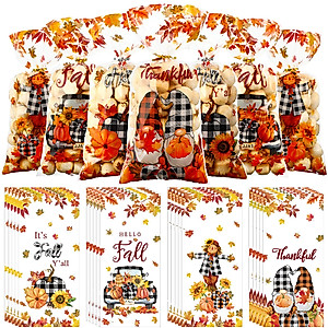 200 Pieces Thanksgiving Treat Bags Fall Cellophane Favor Bags Autumn Plaid Treat Bags Maple Leaves Pumpkin Fall Candy Bags with Twist Ties for Thanksgiving Fall Autumn Party Supplies