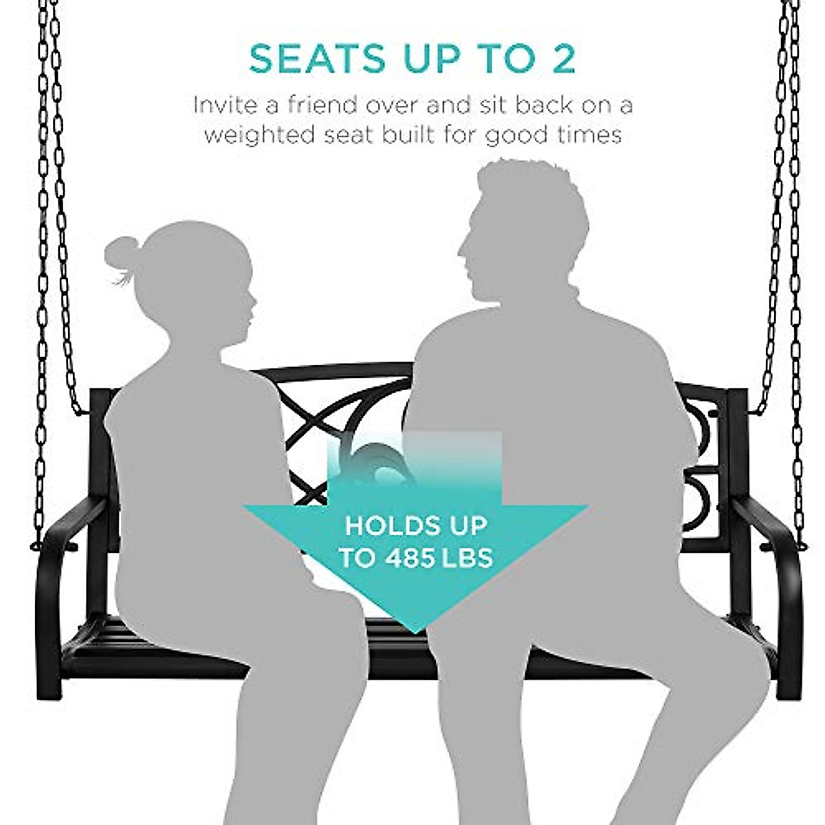 Best Choice Products 2-Person Metal Outdoor Porch Swing, Hanging Steel Patio Bench for Garden, Deck, Yard w/Weather-Resistant Steel, 485lb Weight Capacity - Black