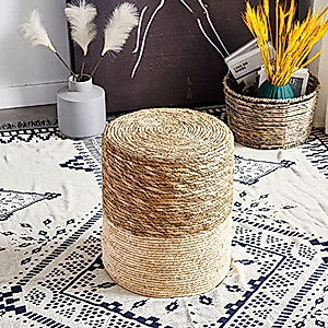 Wimarsbon Pouf Ottomans, Natural Seagrass Poof, Hand Weave Round Footstool, Pouffe Accent Chair, Sitting Braided Footrest W/Jute Cover, Home Decorative Seat, Boho Chair for Living Room, Bedroom, White