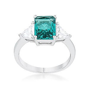 Rhodium Plated Classic Engagement Ring With 4.5ct Aqua Radiant Cut And Trillion Cut Cubic Zirconia Size 8