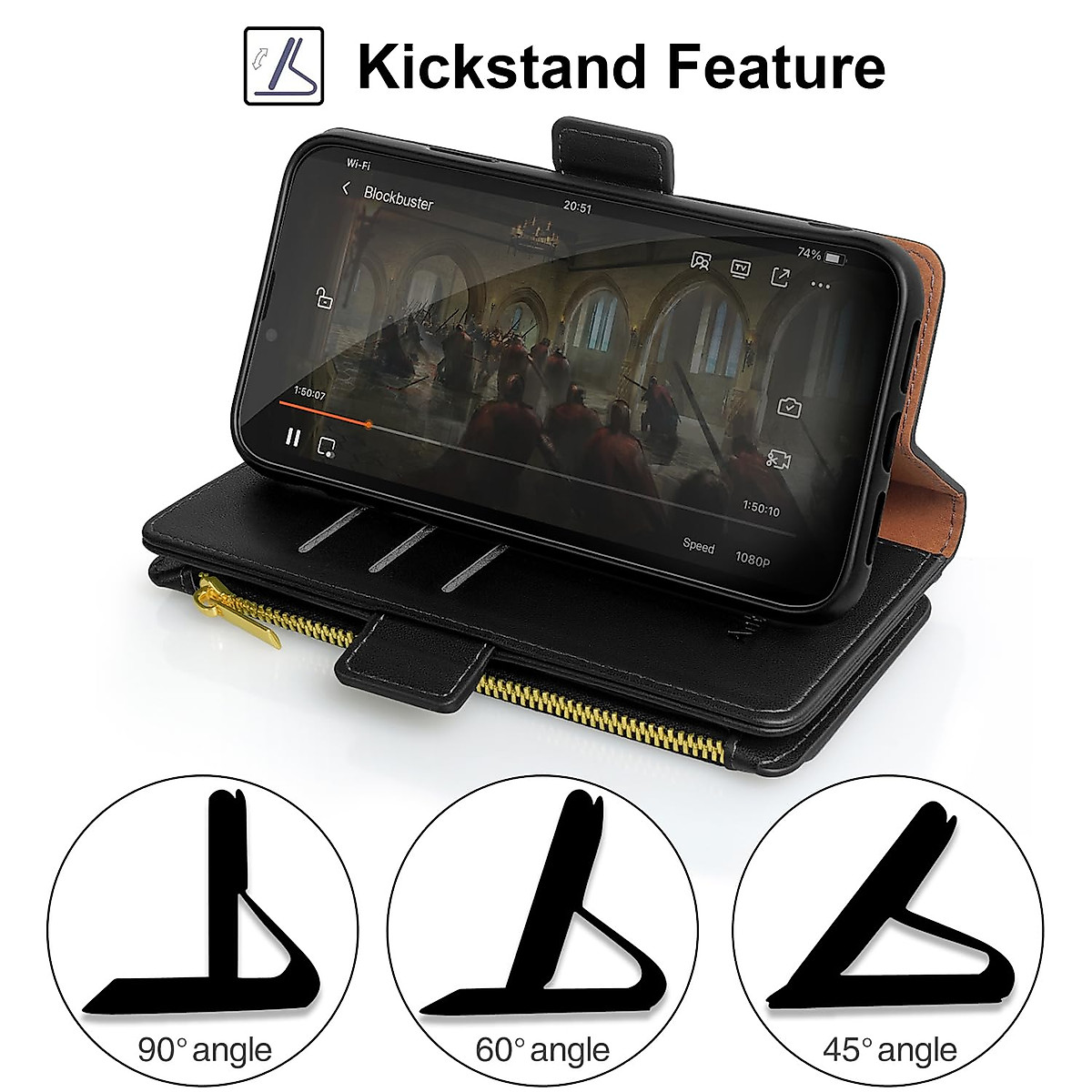 Antsturdy for Samsung Galaxy S23 FE 5G Wallet Case with Card Holder Women Men,Galaxy S23 FE Phone Case RFID Blocking PU Leather Flip Shockproof Cover with Wrist Strap Zipper Credit Card Slots,Black