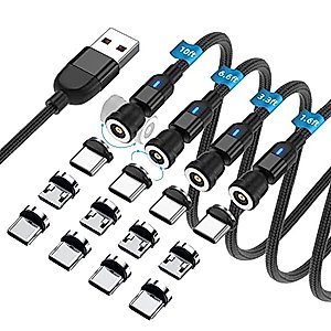 Yidawin Magnetic Charging Cable (4 Pack 1.6ft+3.3ft+6.6ft+10ft), 540° Rotation Magnetic USB Cable, Nylon Braided Magnetic Phone Charger Cable for Type C, Micro USB, iProduct