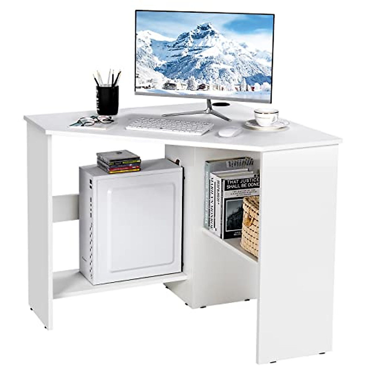 Tangkula White Corner Desk - 90 Degrees Triangle for Computer, Small Space, Bedroom, Makeup Vanity Desk with Storage Shelves & CPU Stand, Space Saving Writing Desk
