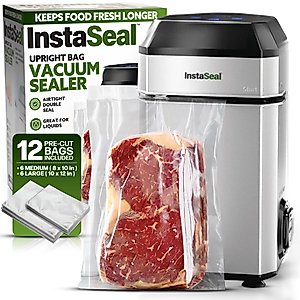 InstaSeal Food Vacuum Sealer Machine with 12 Bags, Patented Upright Food Saver Vacuum Sealer Machine Allows to Vacuum Seal Liquids, Food Sealer Vacuum Sealer for Food Saves & Keeps Food Fresh Longer