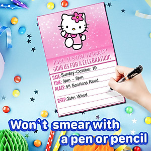 Set of 20 Cute Pink Cat Term or Description -Themed Happy Birthday Invitation Cards & Envelopes - Lightweight (240g), Postcard Style Invites for the Perfect Party Pack