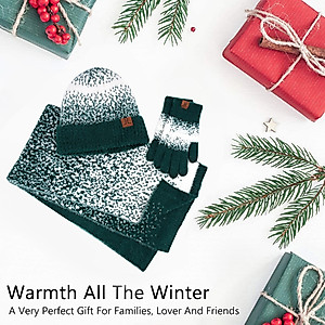 Womens Winter Knit Beanie Hats and Touchscreen Gloves Long Scarf Set with Warm Fleece Lined Skull Caps Gloves Scarves for Women