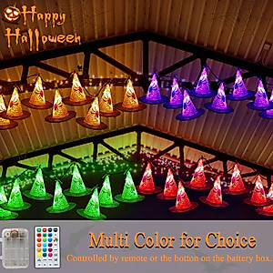 Lighted Hanging Witch Hats for Halloween Decorations, 8Pcs Color Changing 17FT 56 LED Light Up Witch Hats String Lights with Remote for Indoor Outdoor Party Yard Garden Tree Halloween Decor
