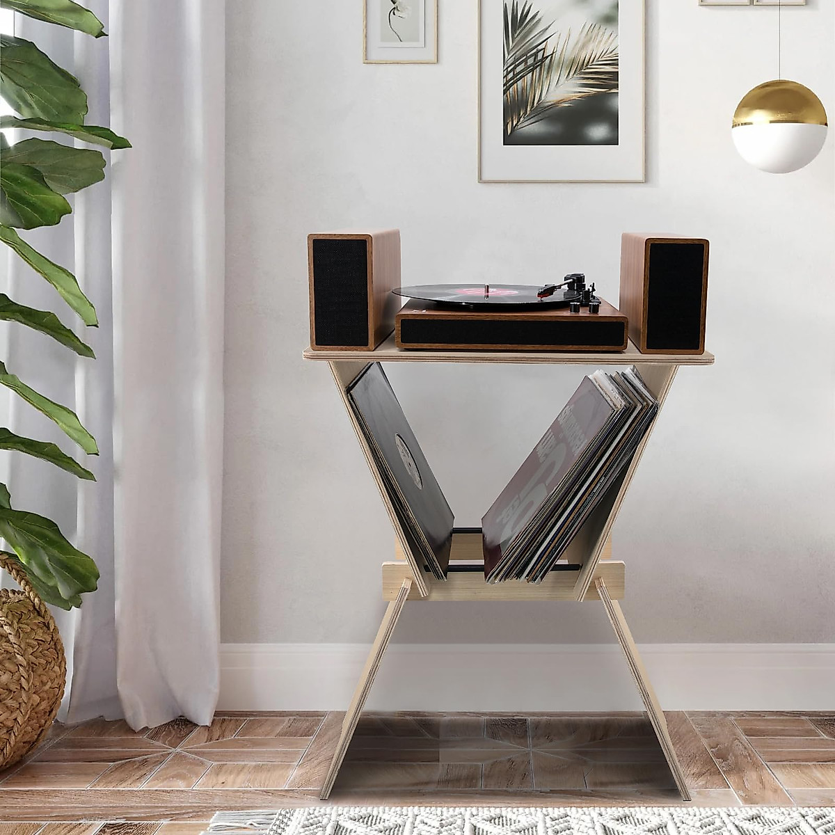 M MUSIC PUBLIC KINGDOM Record Player Stand with Record Storage Shelf, Solid Wood Turntable Stand, Light Wood