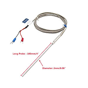 K Type Thermistor Temperature Sensor Probe Range from 0 to 600 °C Temperature Controller, 100mm/4" Long Probe Thermocouple, Probe can be Easily Bent Diameter :2mm/0.08" (2X100X2M) MT-6320-100mm