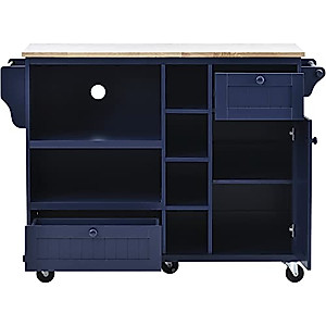 Olela Kitchen Island Cart with Storage, Mobile Rolling Kitchen Table Microwave Rack Cart on Wheels with Open Shelves, Drawers and Cabinet, 18.1 "D X 50.8 "W X 36.2 "H(Open Shelf-Blue)