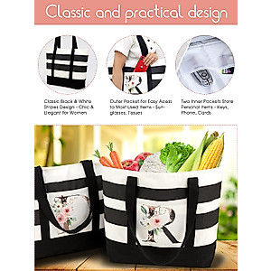 PARBEE Initial Canvas Tote Bag, Stripe & Floral Monogrammed Tote Bag with Pocket Top Zipper, Large Beach Bags Monogram Gift for Women Bridal Shower Wedding Birthday Mom Teachers, D
