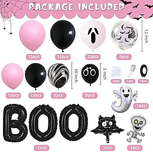 Halloween Balloon Garland Kit, GREMAG Halloween Decorations with Black Macaron Pink Agate Black Eyes Ghost Balloon, BOO Bat Skull Ghost Aluminum Film Balloon, 88 Pcs Set Halloween Party Favors for Kid
