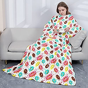 jejeloiu Chocolate Doughnut Fleece Blanket with Sleeves for Women,Whimsical Dessert Wearable Blanket Warm Cozy, Abstract Desserts Food Super Soft Sleeved Throw with Arm, 50"x70", Colorful