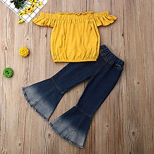 Toddler Baby Girl Clothes Off Shoulder Tube Top Shirt Bell Bottom Jeans Pants Summer Outfits (Yellow top, 4-5T)