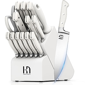 KnifeSaga Knife Block Set, 15 Pcs Kitchen Knife Set, Enduring Razor-Sharp Japanese High Carbon Stainless Steel Knife Set with Block, Premium Forged Knife Set for Kitchen and Professional Chefs, White