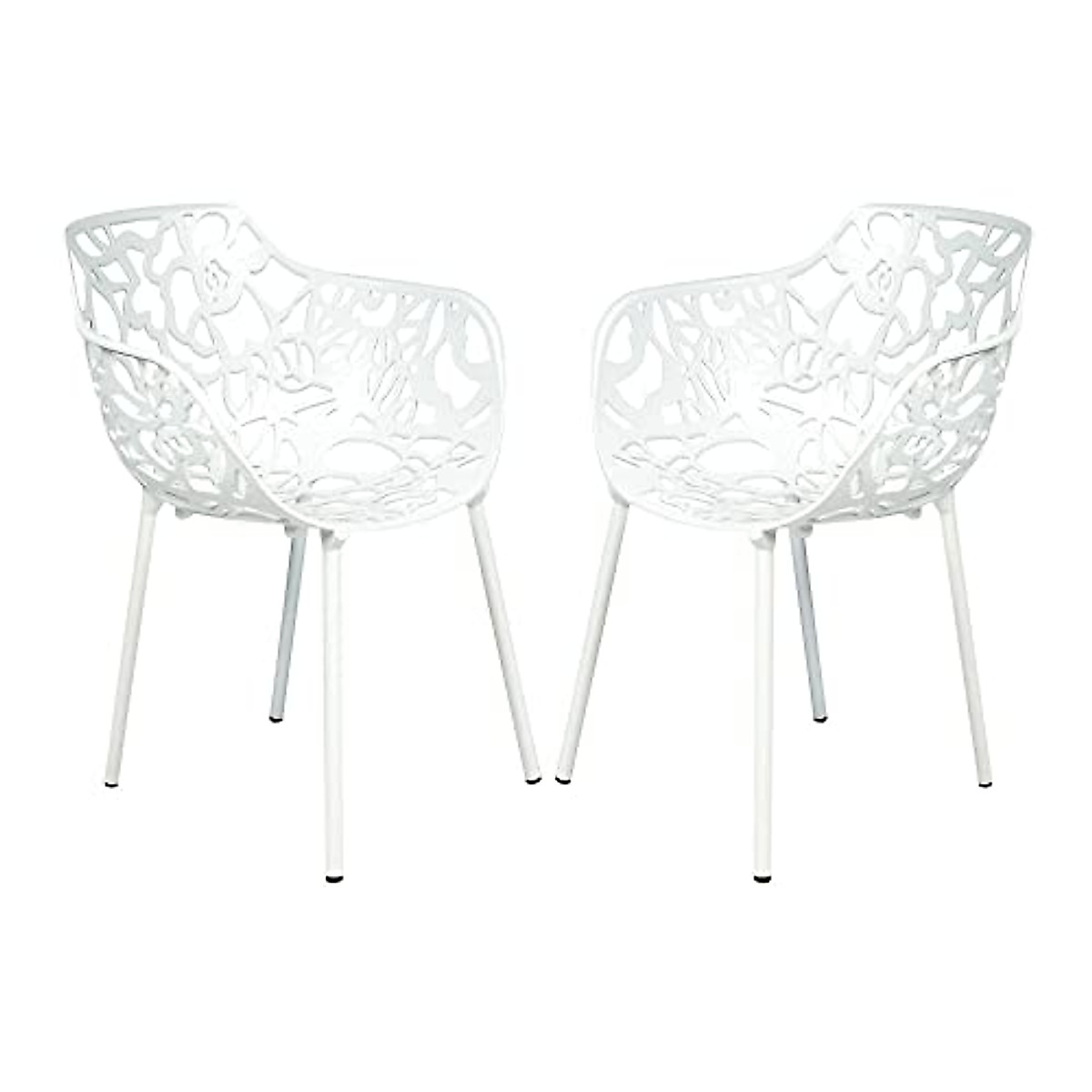 LeisureMod Devon Modern Aluminum Indoor-Outdoor Stackable Side Dining Arm Chair, Set of 2 (White)