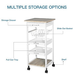 HOMCOM Mobile Kitchen Cart, Rolling Kitchen Island with Storage, Solid Wood Frame Utility Cart with Wire Fruit Baskets, Trays and Drawer, White