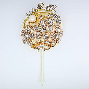 DOTKV Artificial Wrist Silk Flower Boutonniere Wrist Bouquet Corsage Flower with Peal and Diamond for Wedding Decor,Cocktail Party (GoldIvory_Corsae)