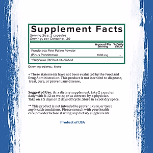 Holistic Bin Pine Pollen Capsules 500mg Made w/ 100% Pure Pharmaceutical Grade, Wild Harvested California Pine Pollen Powder | Organic, Non GMO, No Fillers | 30 Day Supply (40 Capsules)