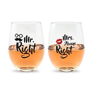 Vino O'clock Mr Right and Mrs Always Right Wine Glasses Gift Set For Bridal Shower, Married Couples, Weddings, Engagements, Newlyweds, Anniversary / 16oz