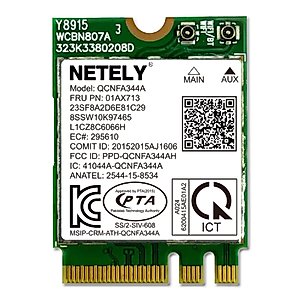 NETELY IEEE 802.11AC WiFi 5 NGFF M2 Interface 1200Mbps WiFi Adapter with Bluetooth 4.2 for Laptop PCs, 2.4GHz 300Mbps and 5GHz 867Mbps NGFF M2 WiFi Card, OEM Lenovo FRU PN: 01AX713 (QCNFA344A)