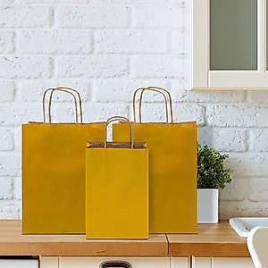 Yellow Gift Bags - 6x3x9 Inch 50 Pack Mustard Kraft Paper Shopping Bags with Handles, Small Craft Totes in Bulk for Boutiques, Small Business, Retail Stores, Birthday Parties, Jewelry, Merchandise, Bulk