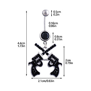 Kinsing Black Glitter Gun Dangle Belly Button Ring 14G Navel Rings 316L Surgical Steel CZ Belly Piercing Jewelry (Gun Skull)
