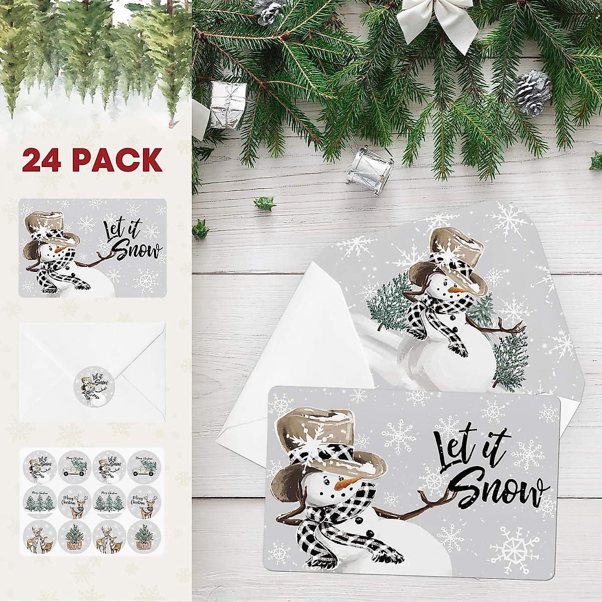 Artoid Mode 24 Pack Let It Snow Thank You Cards Snowflake Snowman Greeting Cards Gift With Envelope Sticker Blank Note Cards for Birthday Wedding Baby Shower Bridal Shower, 4 x 6 Inch