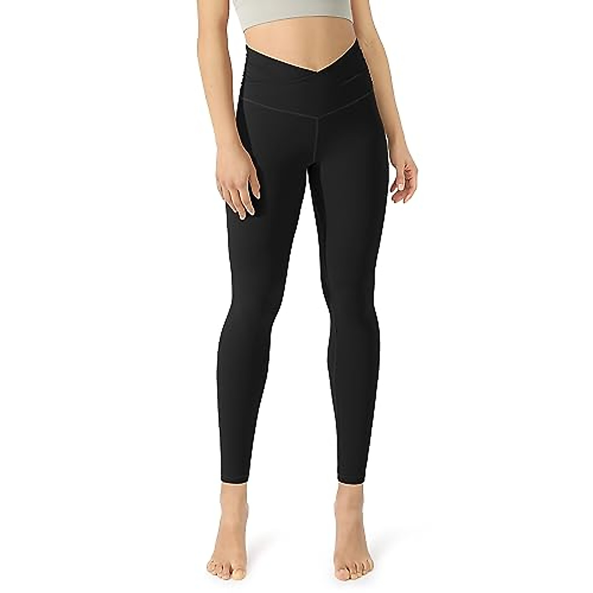 ODODOS Women's Cross Waist 7/8 Yoga Leggings with Inner Pocket, Inseam 25" Gathered Crossover Workout Yoga Pants, Black, Small