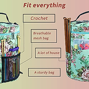 Large Capacity/Portable/Lightweight Yarn Storage Knitting Tote Organizer Bag with Shoulder Strap Handles Looen W/Pockets for Crochet Hooks & Knitting Needles … (Peony Flower)