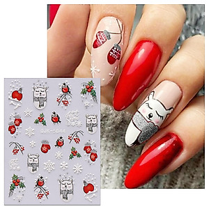 JMEOWIO 6 Sheets 3D Embossed Christmas Glitter Nail Art Stickers Decals Self-Adhesive Pegatinas Uñas 5D Snowman Elk Snowflake Xmas Winter Holiday Nail Supplies Nail Art Design Decoration Accessories