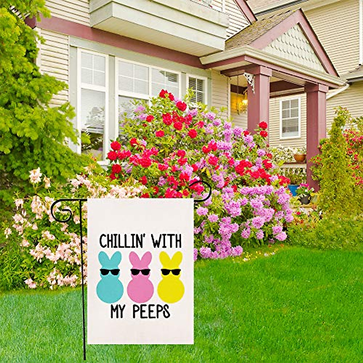 Ogiselestyle Easter Peeps Garden Flag Vertical Double Sided Easter Bunny Rabbit, Chillin' with My Peeps Spring Summer Rustic Farmhouse Yard Outdoor Decoration 12.5 x 18 Inch