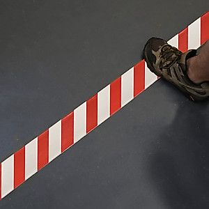 SmartSign Red 2 inch x 100 feet White Striped Floor Marking Tape, 32 mil Vinyl Floor Tape, Superior Mark Industrial Use Safety Tape with Beveled Edges, Strong Adhesive, for Gym/Warehouse